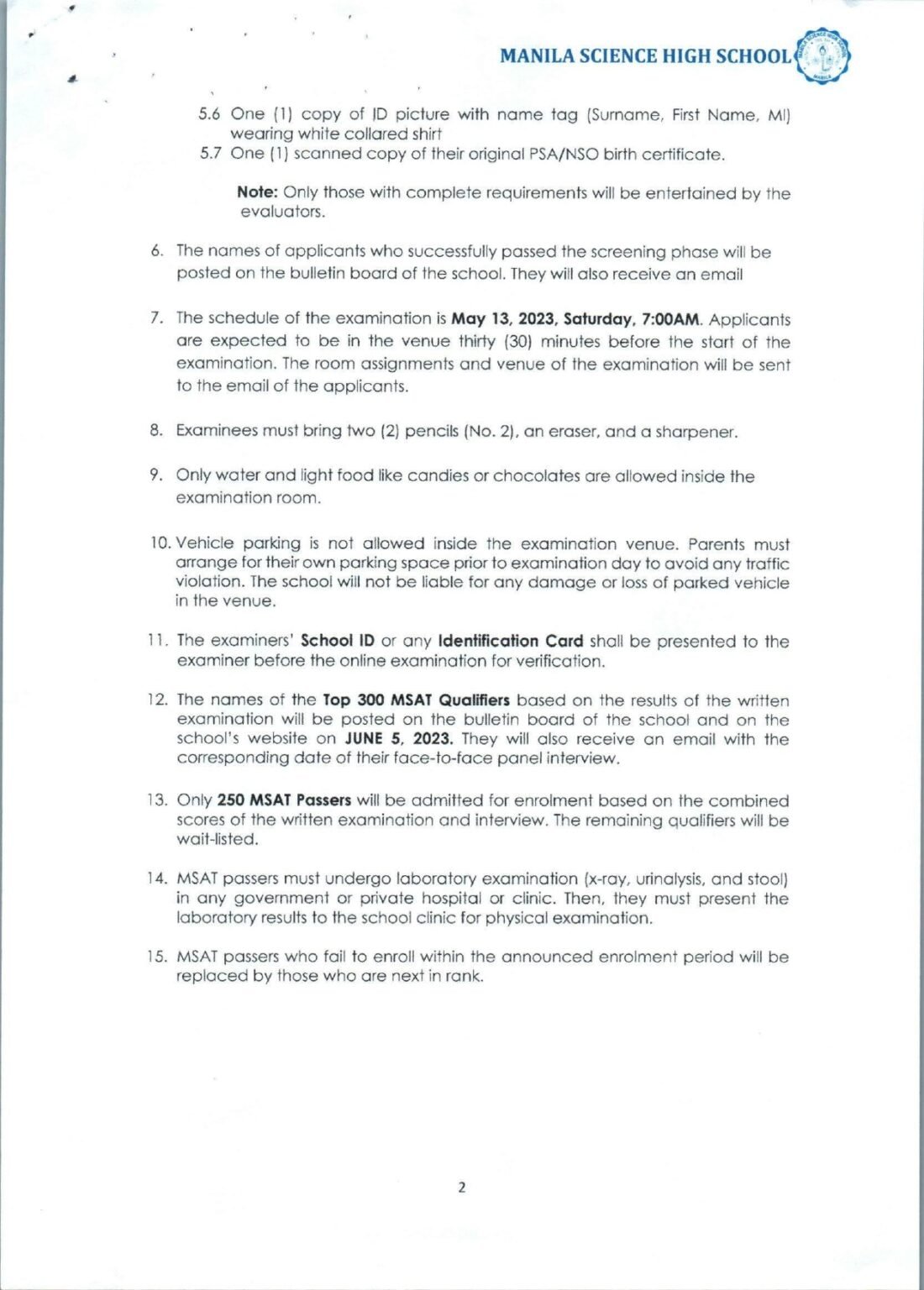 Manila Science High School Admission Test Guidelines for SY 2023-2024 ...
